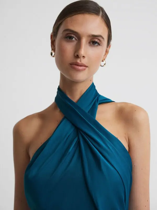 REISS Vida Satin Halter Neck Fitted Midi Dress