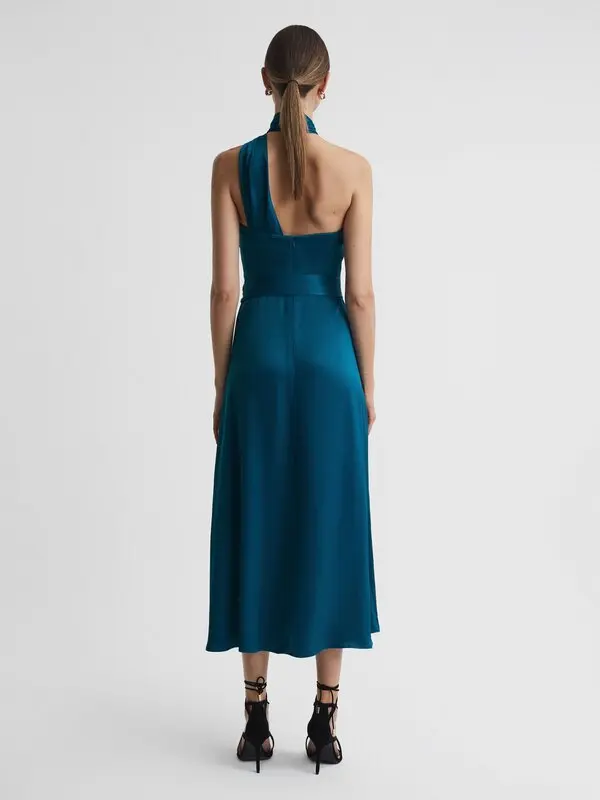 REISS Vida Satin Halter Neck Fitted Midi Dress