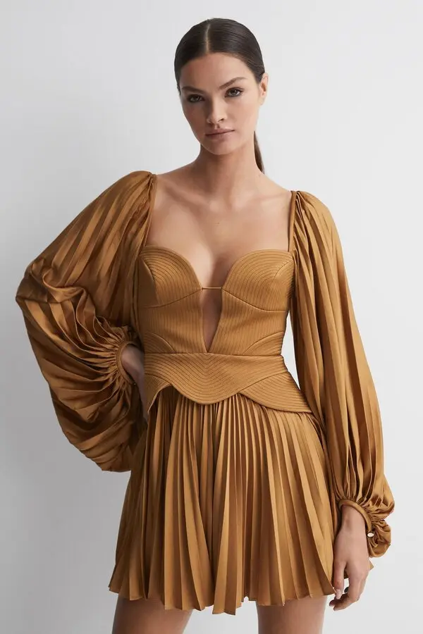 slim fit dress slacks Pleated Gold Coast Plunge Neck Mini Dress main image 0