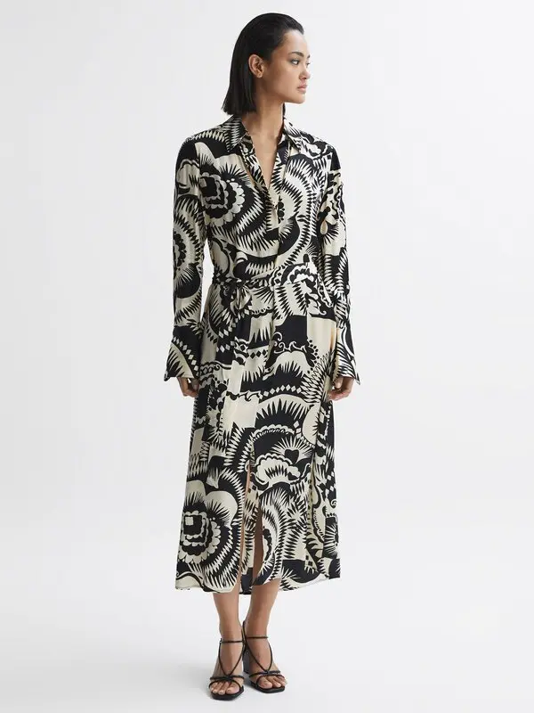 REISS Tilly Printed Long Sleeve Midi Dress