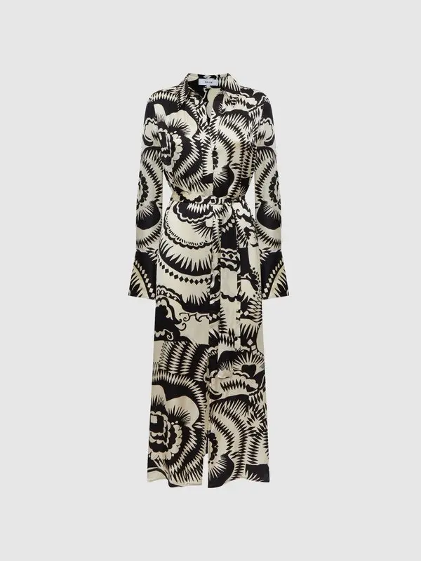 REISS Tilly Printed Long Sleeve Midi Dress