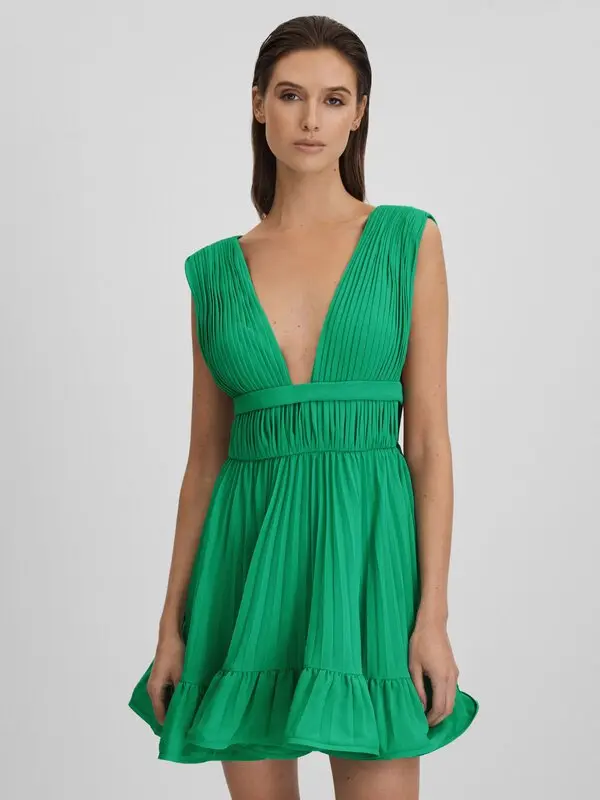AMUR Pleated Plunge Neck Mini Dress