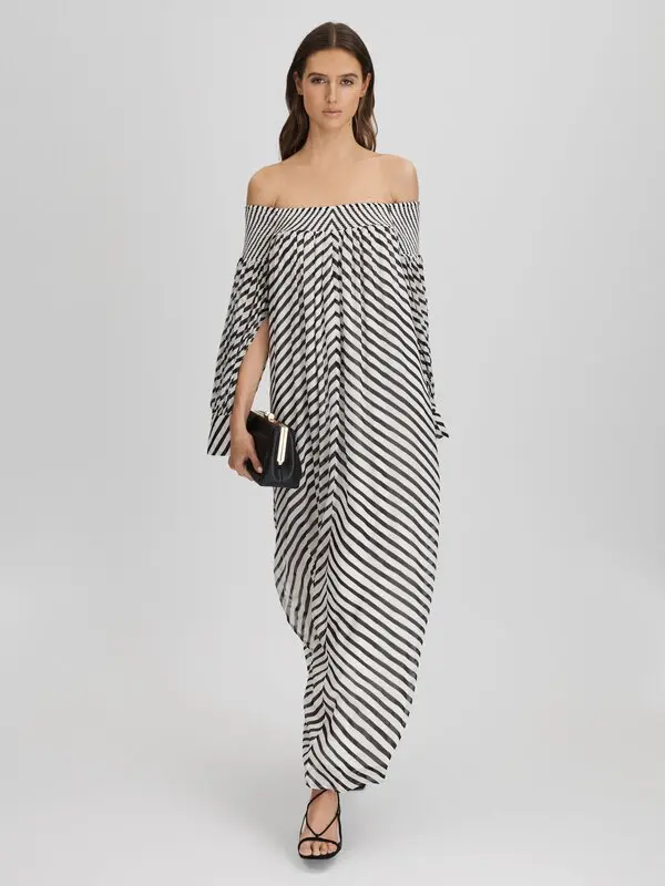REISS Fabia Striped Bardot Maxi Dress - Black/cream