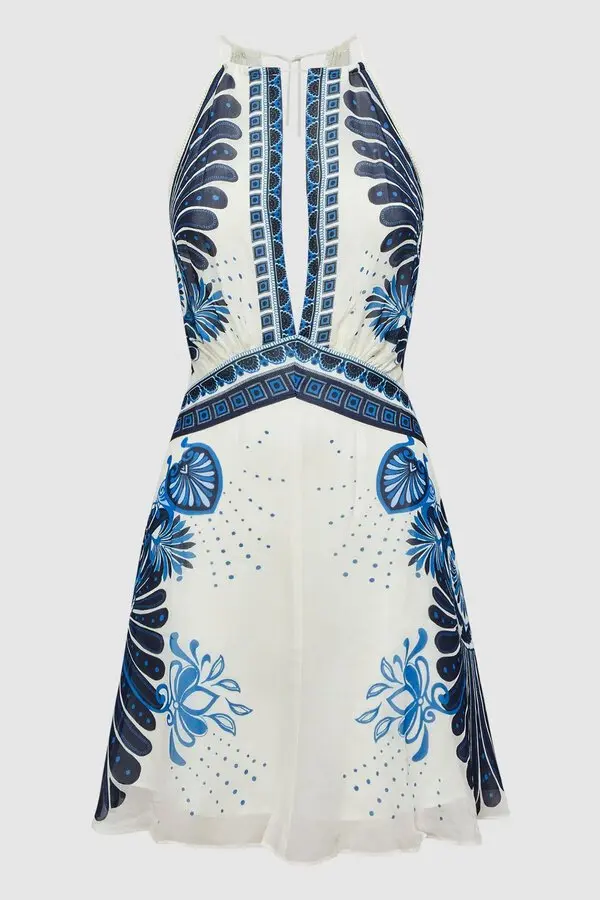 tiered halter neck dress Aqua Paisley Satin Tiered Halter Neck Mini Dress main image 1