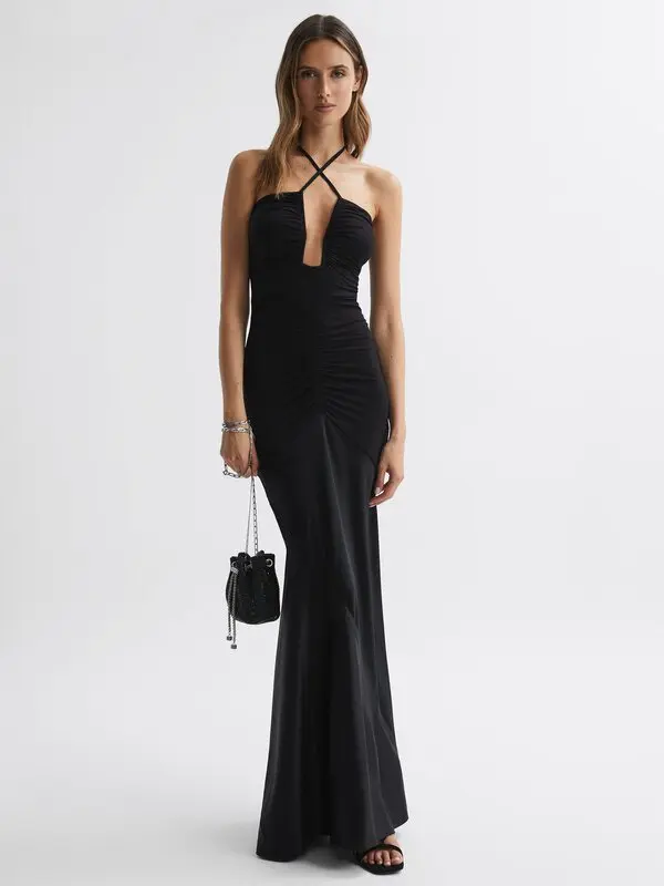 REISS Thalia Fitted Plunge Neck Satin Maxi Dress