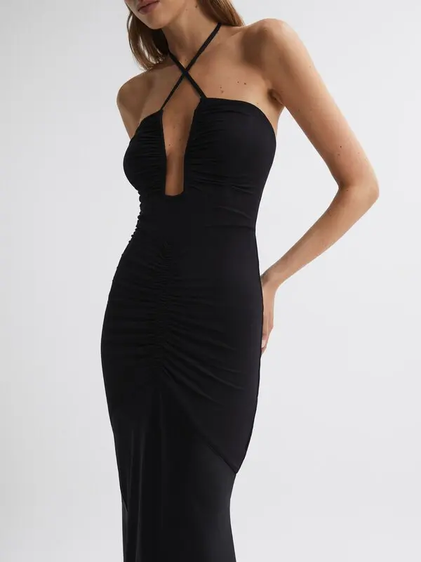 REISS Thalia Fitted Plunge Neck Satin Maxi Dress
