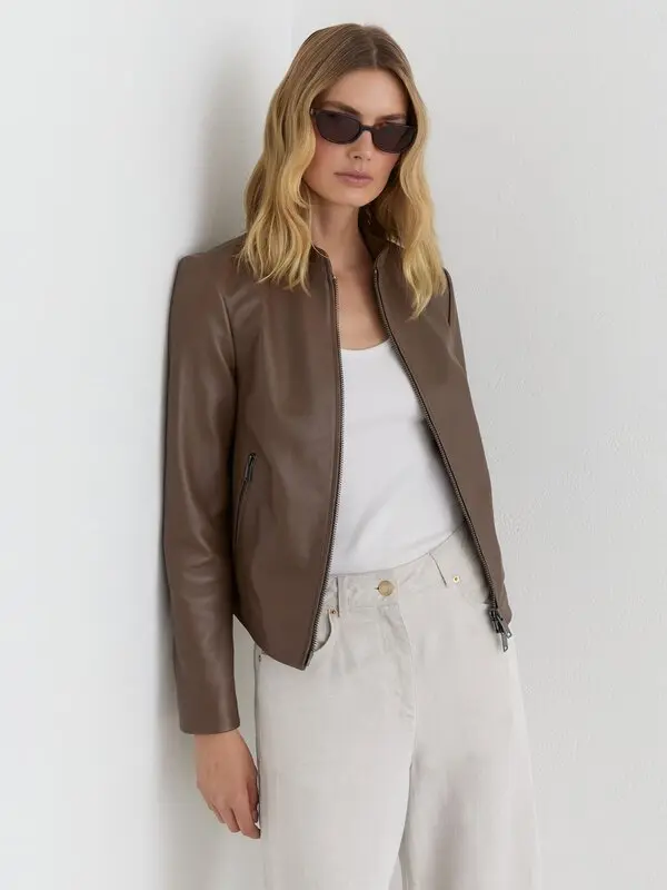 REISS Allie Leather Biker Jacket - Taupe Neutral