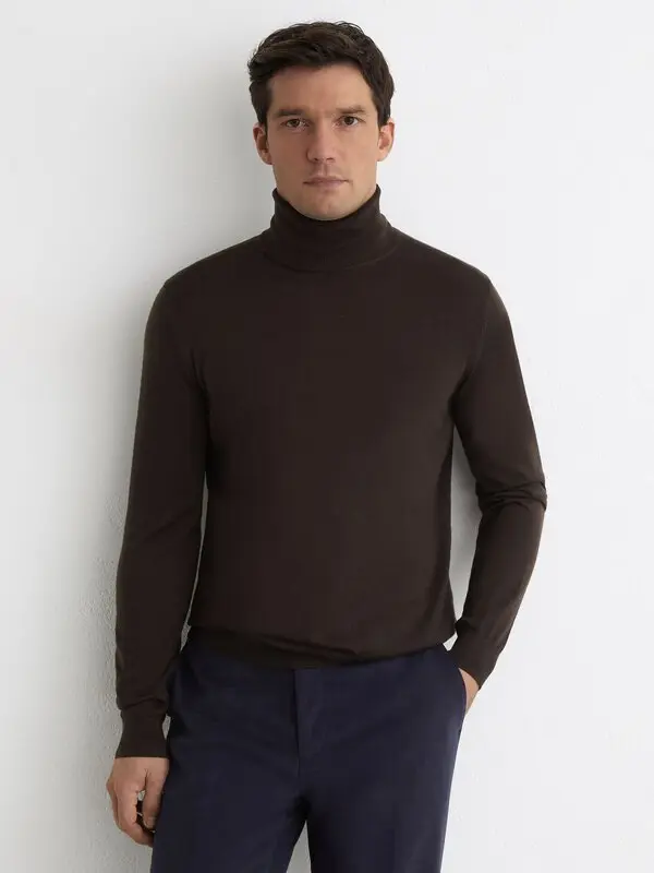 REISS Caine Slim Fit Merino Wool Roll Neck Jumper - Dark Brown