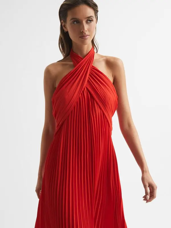 Reiss Halter Neck Pleated Midi Dress In Red - 62% Off | Editorialist
