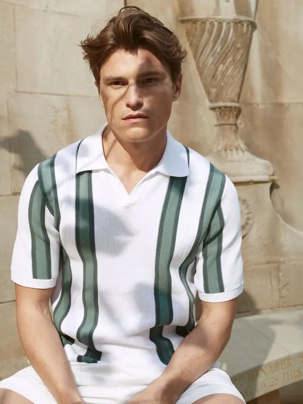 REISS Che| Che Ricco Open Collar Striped Polo T-shirt - White/sage