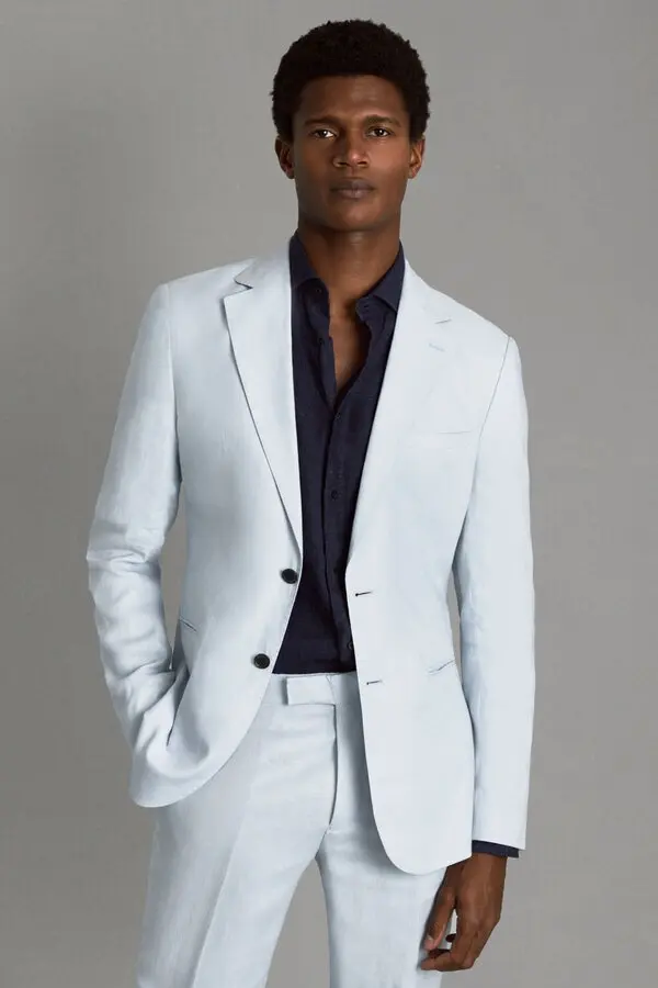 REISS Kin Tailored Fit Single-breasted Linen Blazer - Soft Blue
