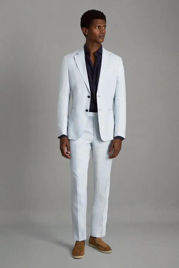 REISS Kin Tailored Fit Single-breasted Linen Blazer - Soft Blue