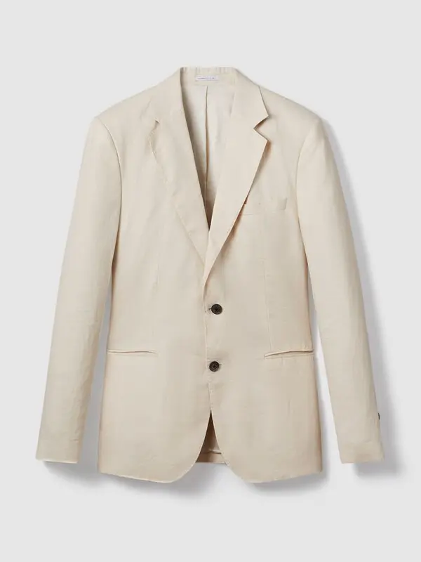 REISS Kin Tailored Fit Single-breasted Linen Blazer - Stone