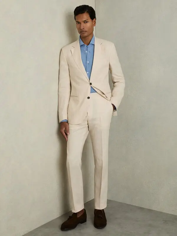 REISS Kin Tailored Fit Single-breasted Linen Blazer - Stone