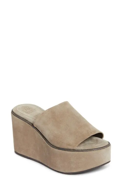 Brunello Cucinelli Monili Platform Wedge Slides - Beige