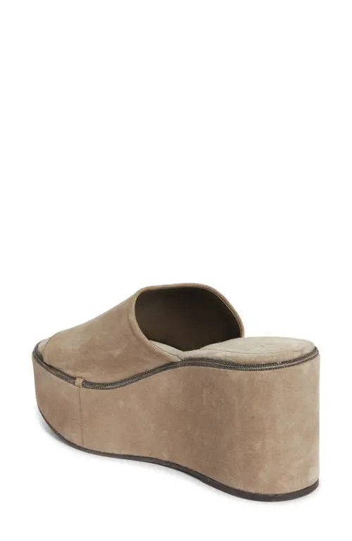 Brunello Cucinelli Monili Platform Wedge Slides - Beige