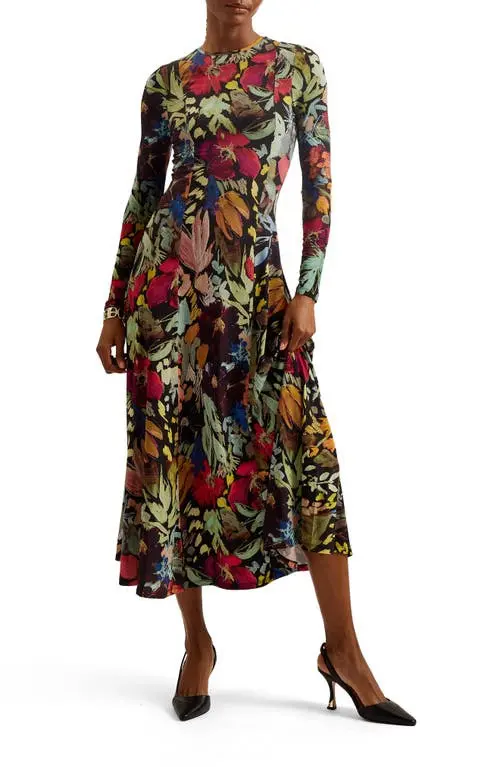 knee length dresses for ladies Knit Bodice Midi Dress With Printed Skirt | Asnes