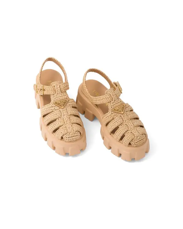 Prada Monolith Crochet Cage Sandals - Neutral