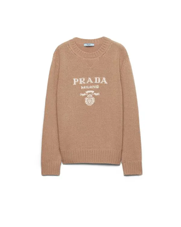 Prada Cashmere And Wool Logo Crew-neck Sweater - Brown