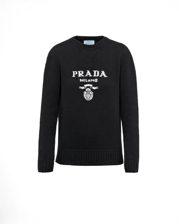 Prada Cashmere And Wool Crew-neck Sweater With Intarsia Logo - Black