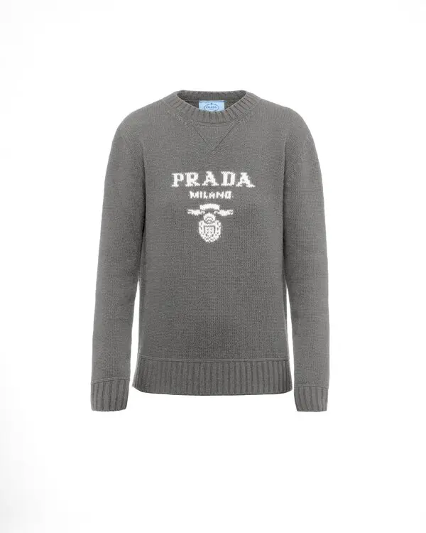 Prada Cashmere And Wool Crew-neck Sweater With Intarsia Logo - Grey