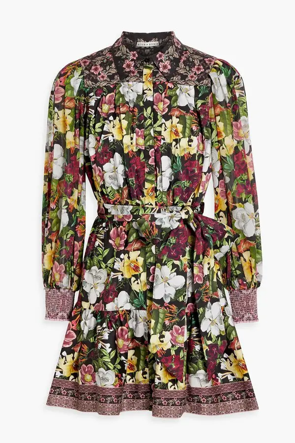 knee length dresses for ladies Sail to Sable Ditsy Floral Ruffle Front Shirt Dress Ditsy Falling Violets Print / M / SP25108 main image 0
