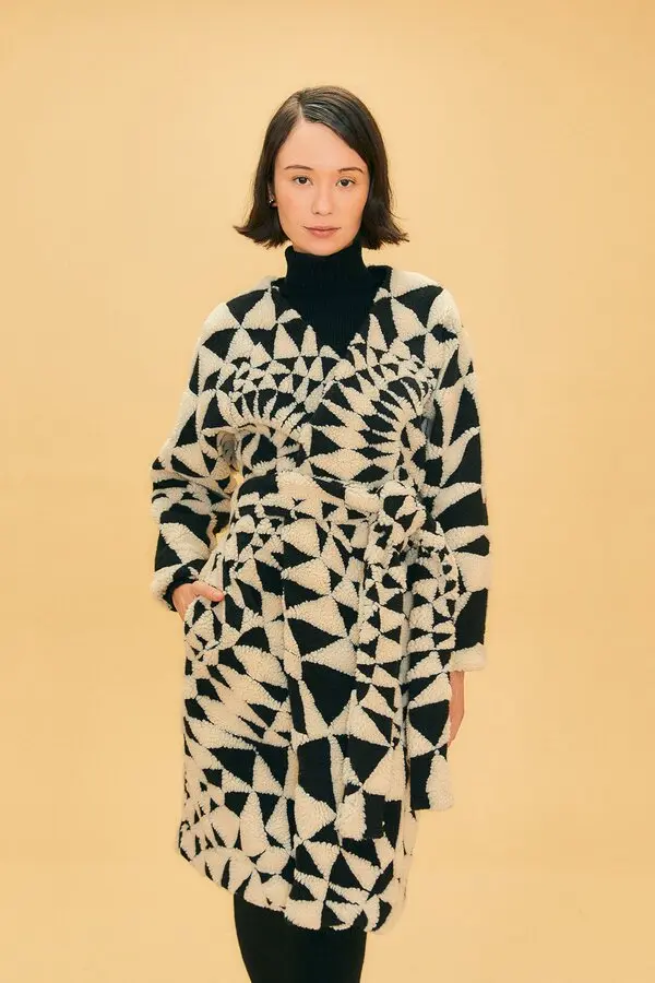 Farm Rio Black & White Heart Deco Maxi Fleece Coat - Black/white