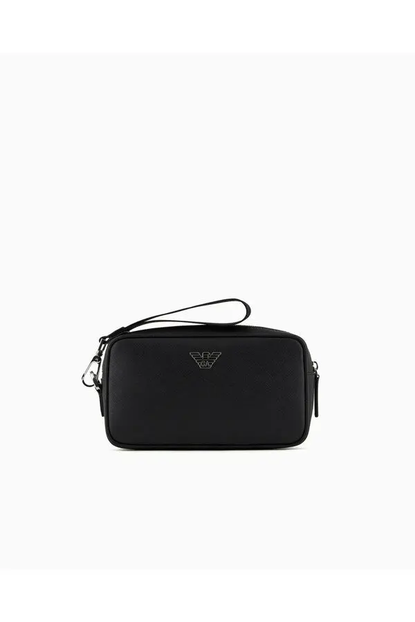 Emporio Armani Regenerated Saffiano Leather Washbag With Eagle Plate - Black