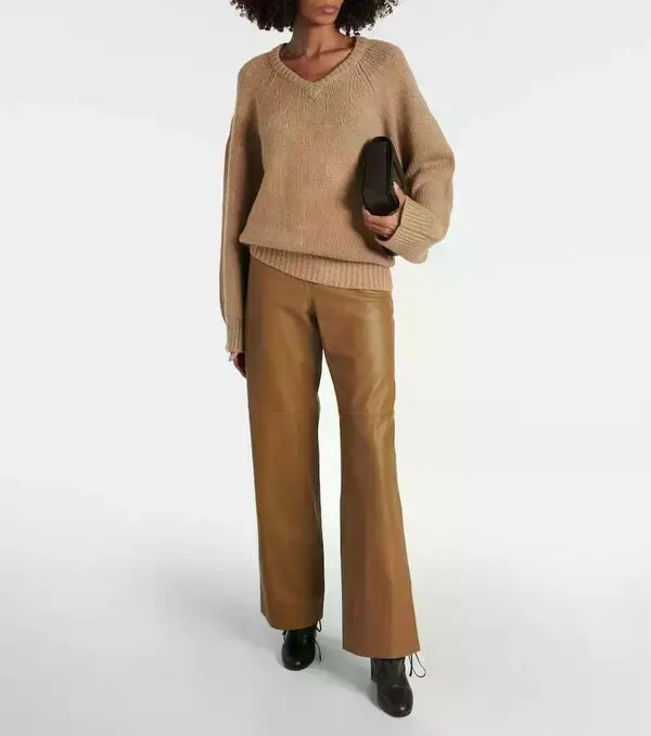 YVES SALOMON High-rise Leather Wide-leg Pants - Brown