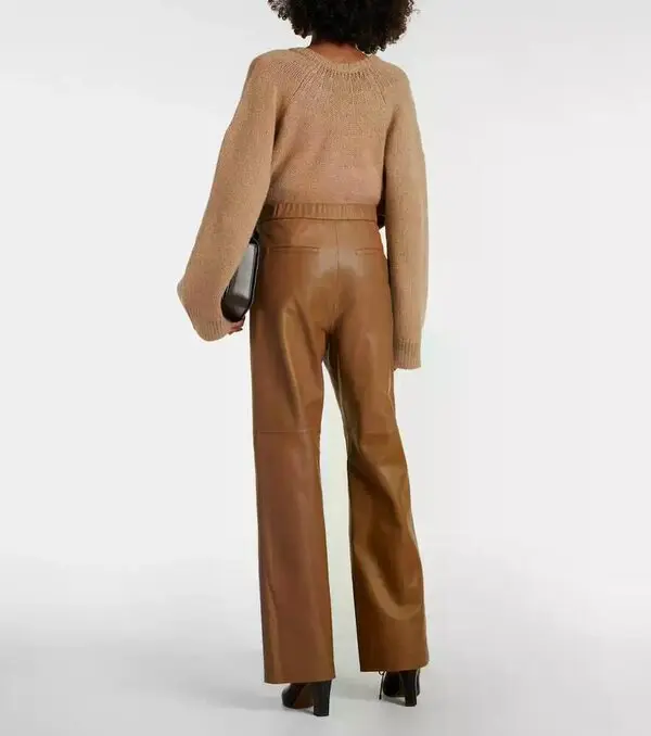 YVES SALOMON High-rise Leather Wide-leg Pants - Brown