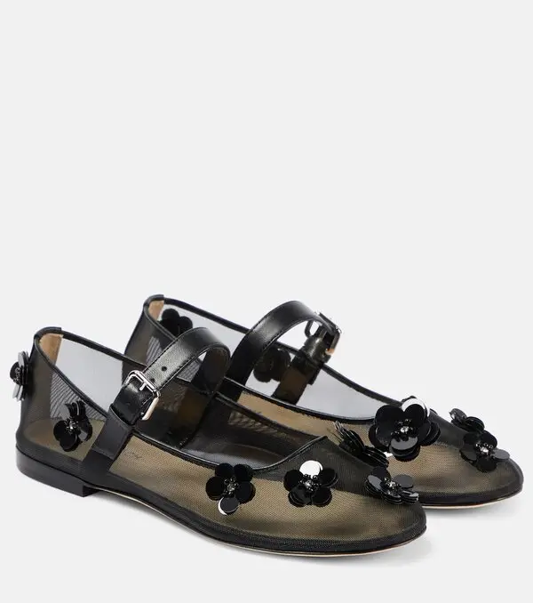 Mach & Mach Sequined Floral-appliqué Mary Jane Flats - Black