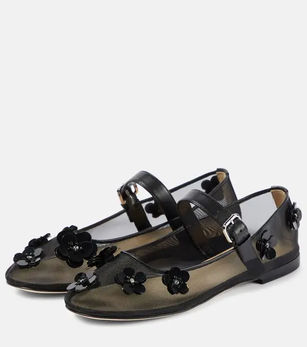 Mach & Mach Sequined Floral-appliqué Mary Jane Flats