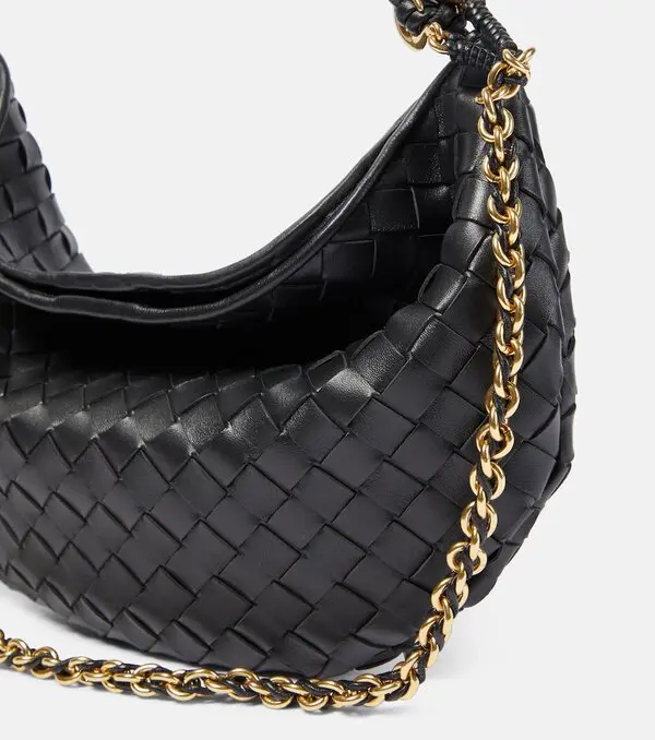 Bottega Veneta Sardine Chain Intrecciato Leather Shoulder Bag - Black