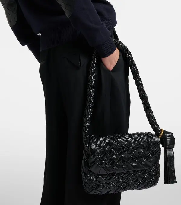 Bottega Veneta Kalimero Citta Intreccio Leather Shoulder Bag - Black