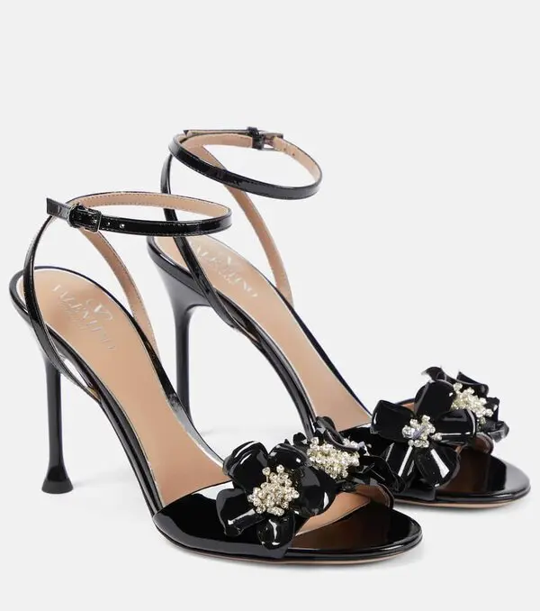 Valentino Garavani Archive Wild Flower Patent Leather Sandals - Black