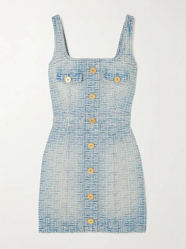 Balmain Button-embellished Denim Jacquard Mini Dress