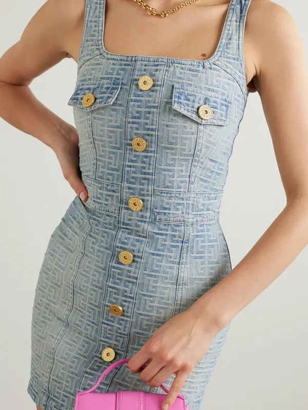 Balmain Button-Embellished Denim Jacquard Mini Dress In Blue - 70% Off |  Editorialist