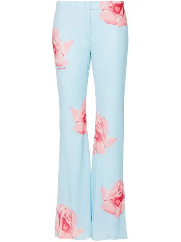 Kenzo Rose-print Flared Trousers - Blue