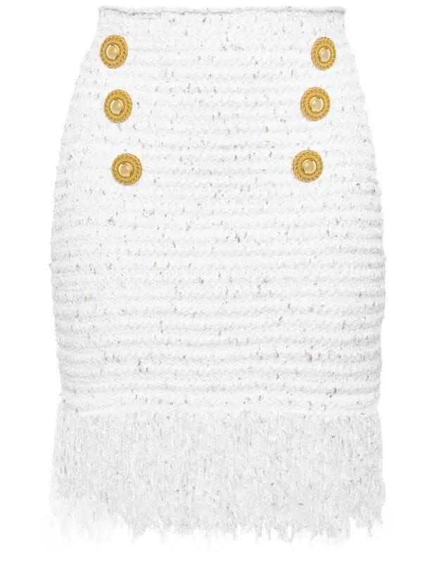 Balmain 6-button Fringed Tweed Skirt - White