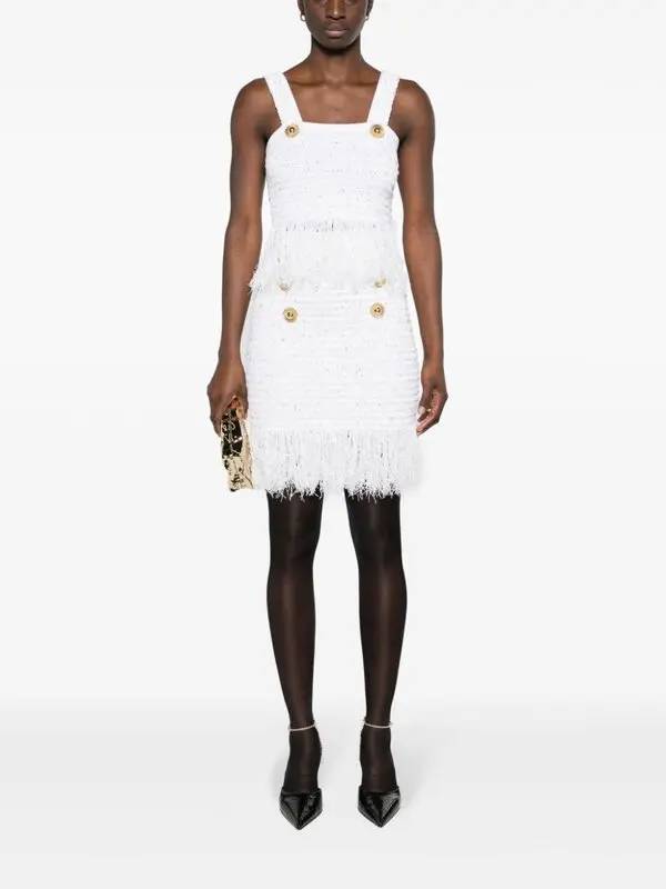 Balmain 6-button Fringed Tweed Skirt - White