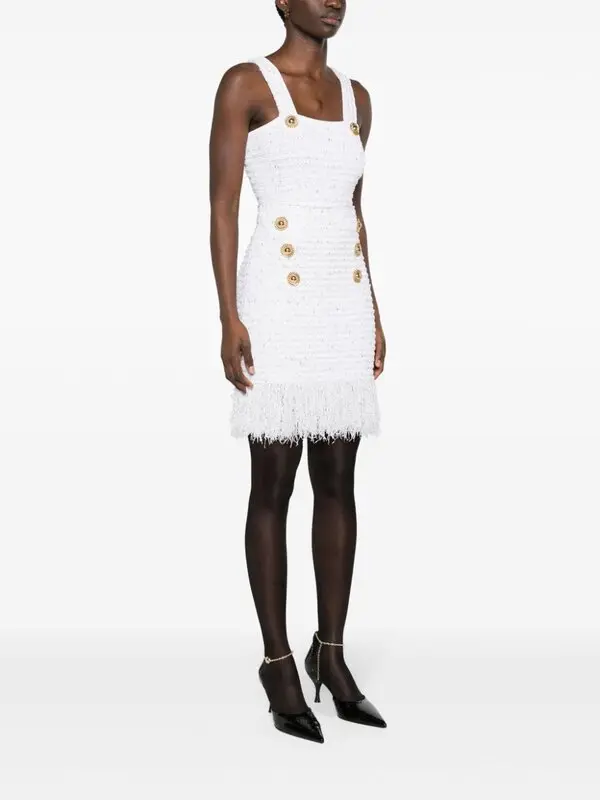 Balmain 6-button Fringed Tweed Skirt - White