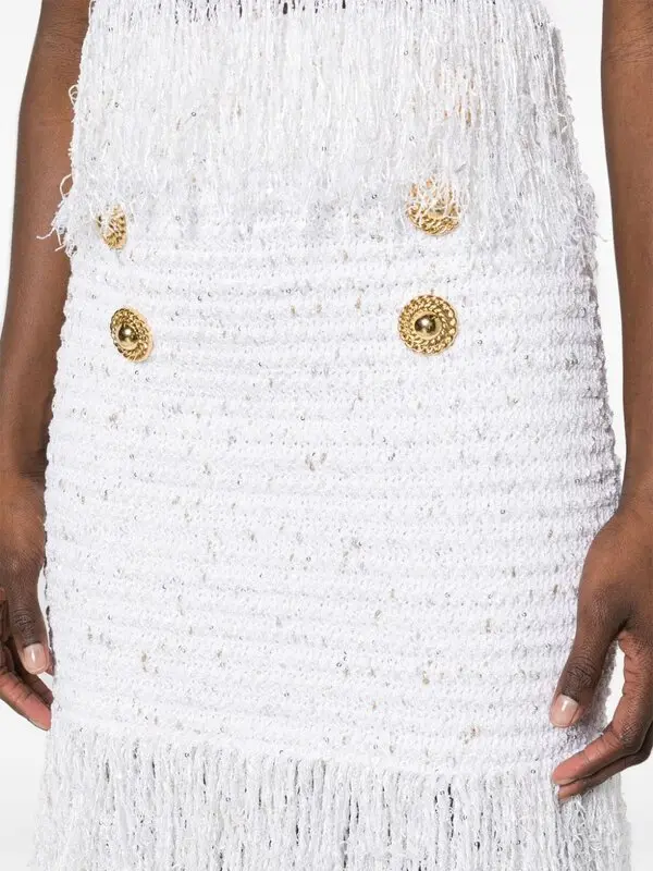 Balmain 6-button Fringed Tweed Skirt - White