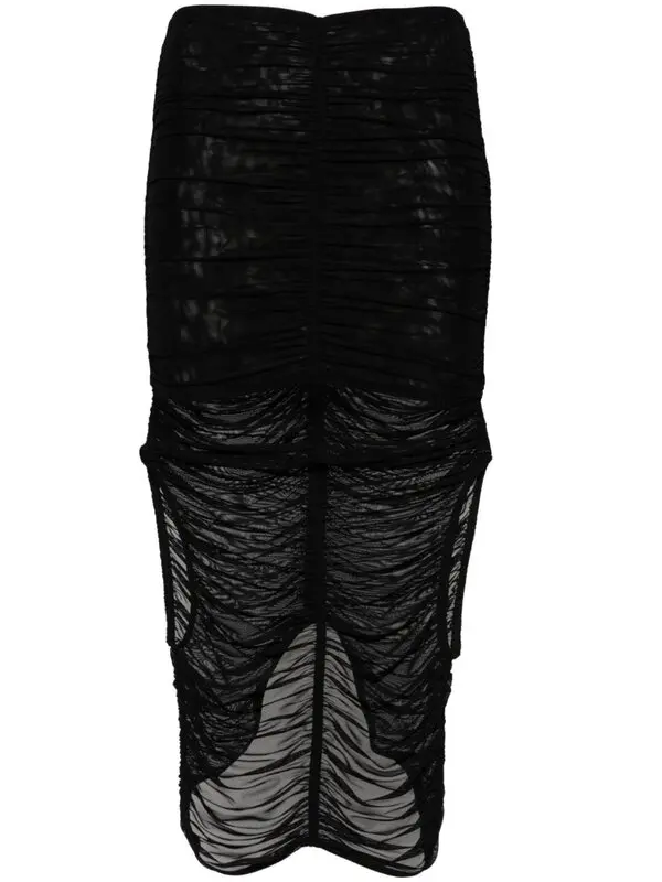 MUGLER Draped Mesh Midi Skirt - Black