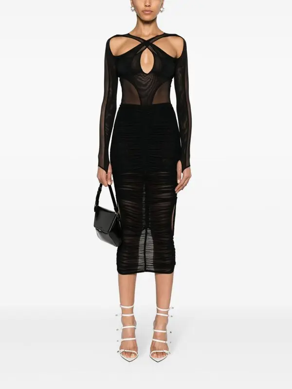 MUGLER Draped Mesh Midi Skirt