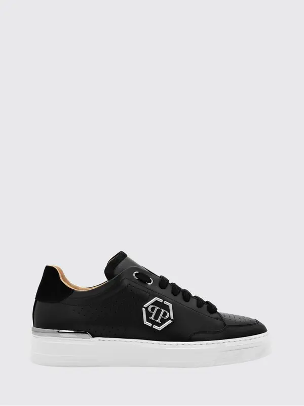 Philipp Plein Leather Low-top Sneakers With Monogram Pattern And Hexagon Logo - Black
