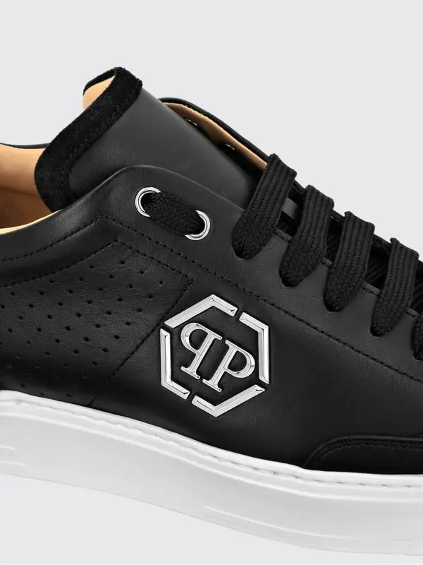 Philipp Plein Leather Low-top Sneakers With Monogram Pattern And Hexagon Logo - Black