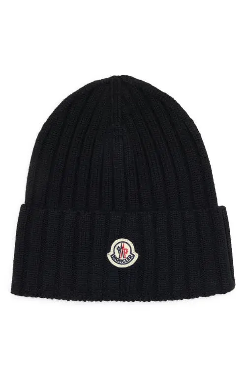 Moncler Ribbed Virgin Wool Beanie - Black