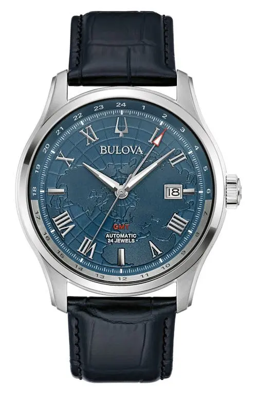 Bulova Wilton Gmt Automatic Leather Strap Watch - Silverone/blue