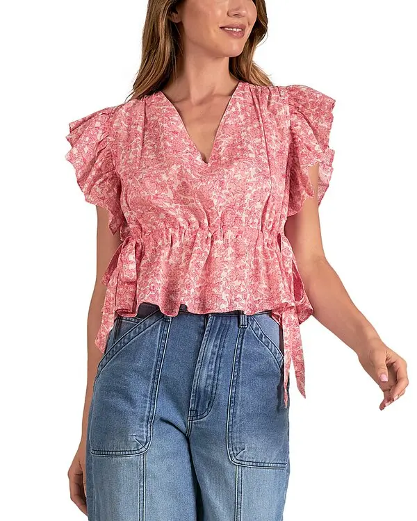 Elan Floral Ruffle Sleeve Side Tie Top