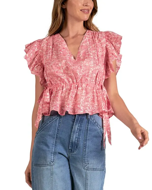 Elan Floral Ruffle Sleeve Side Tie Top